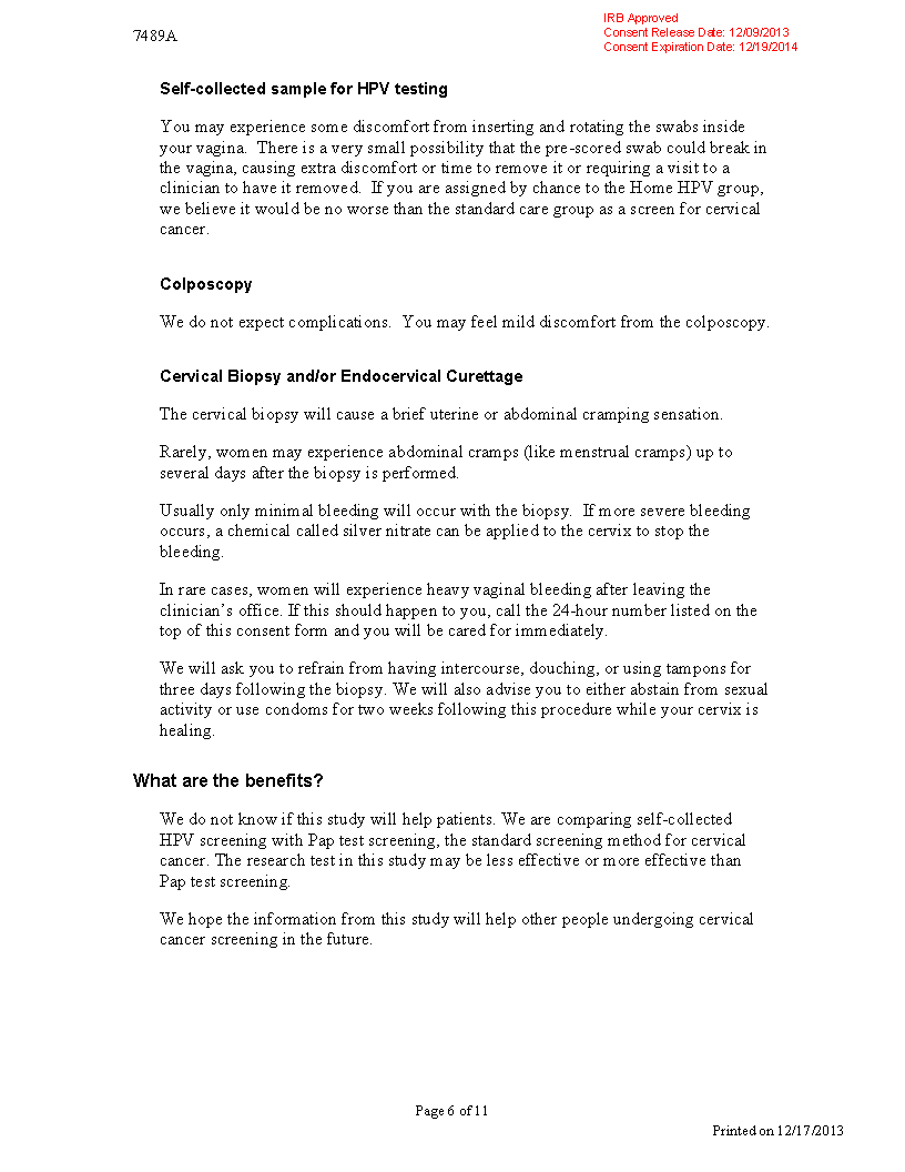 UW Home HPV or Pap Exam Study: Informed Consent Form